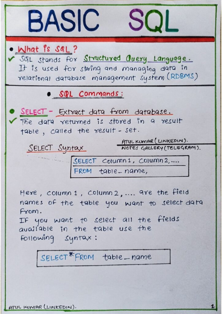 Basics Of Sql Handwritten Pdf Connect 4 Programming