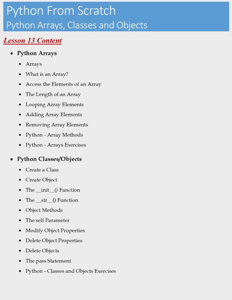 Python From Scratch Lesson 13 PDF (Python Arrays, Classes and Objects) - Connect 4 Programming
