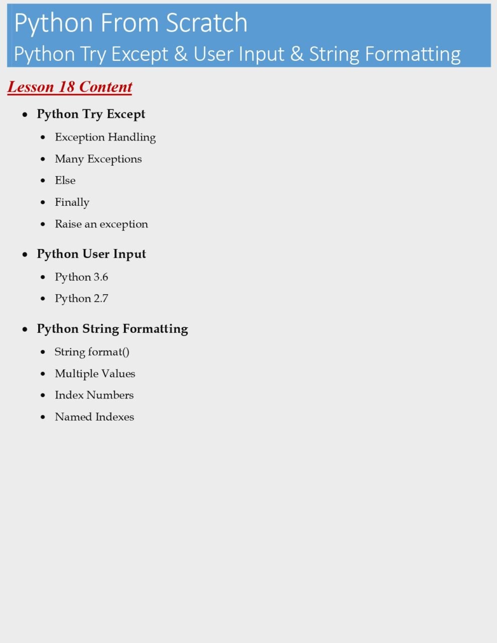Python From Scratch Lesson 18 Pdf Python Try Except And User Input And String Formatting Connect