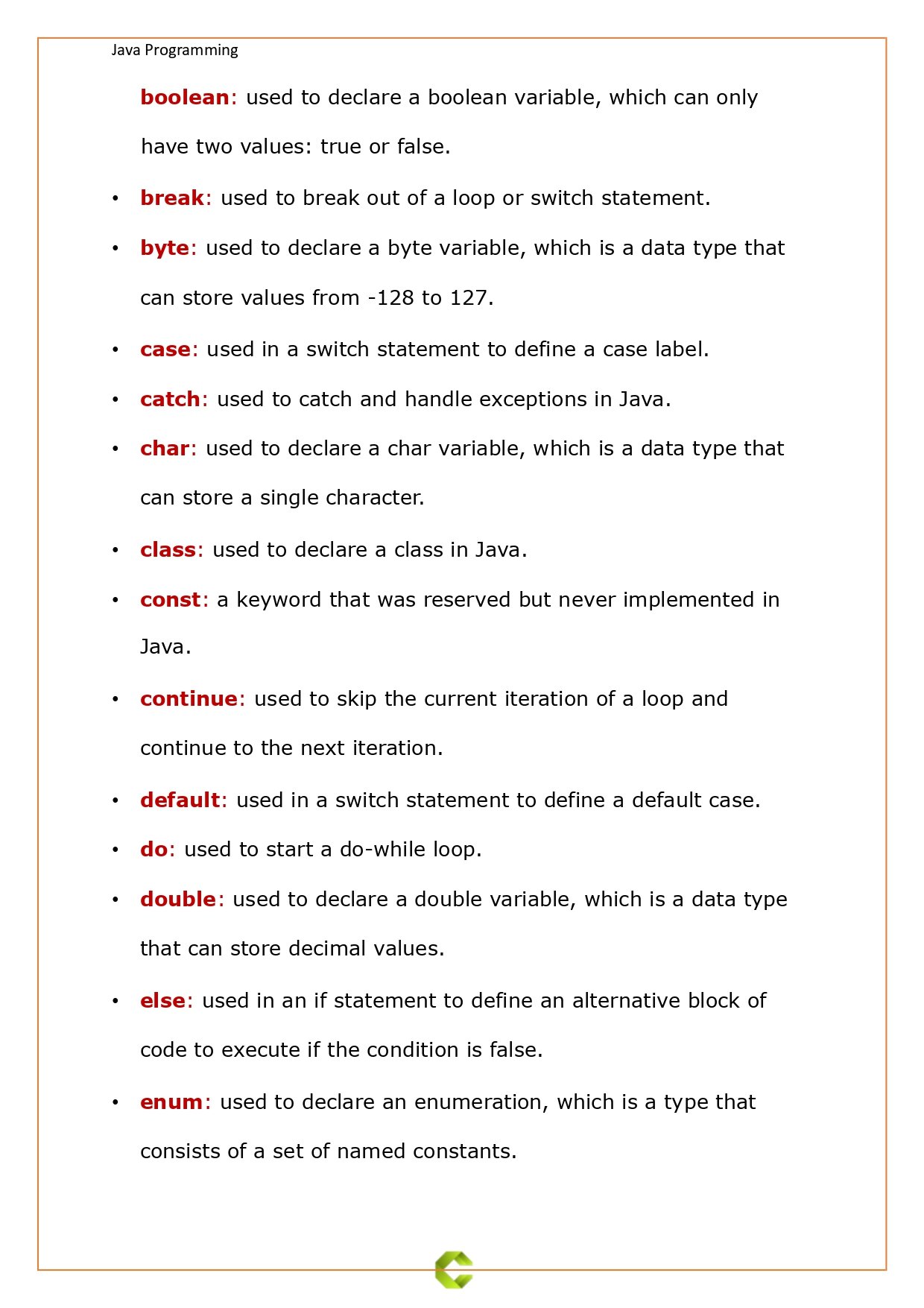 Java Tutorial – Keywords in java (PDF) - Connect 4 Programming