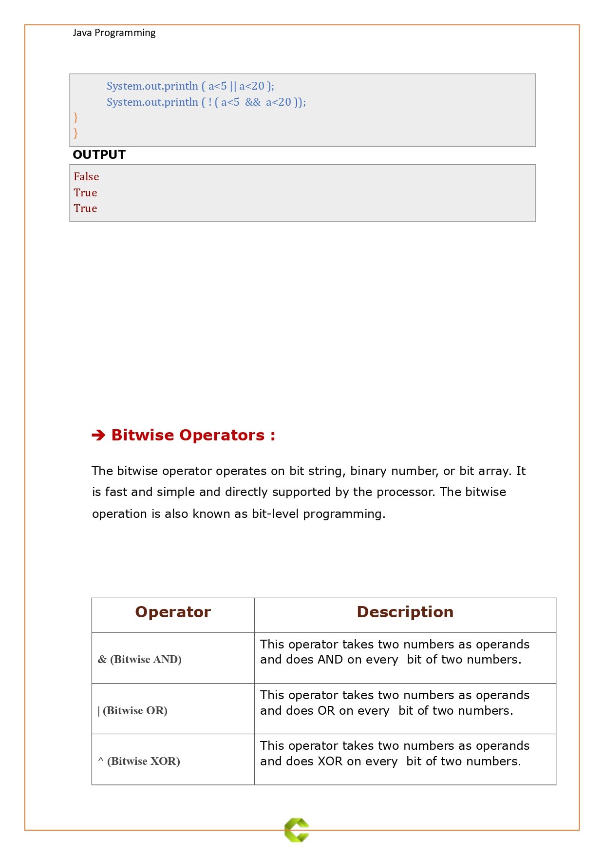 Java Tutorial – Operator in Java (PDF) - Connect 4 Programming
