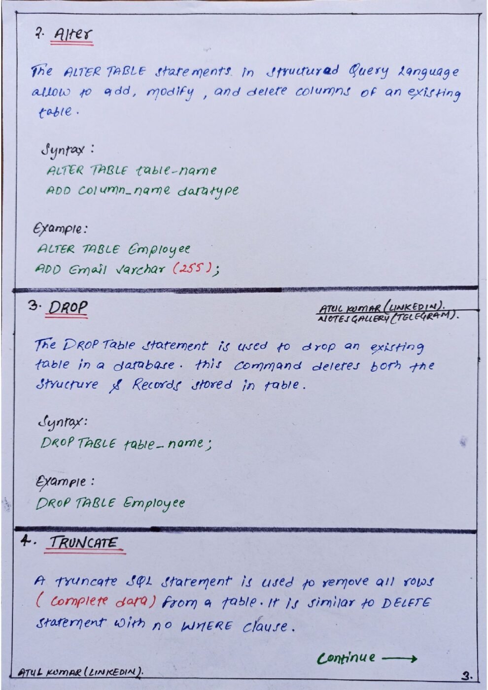 SQL Short Notes Handwritten (PDF) – Connect 4 Programming