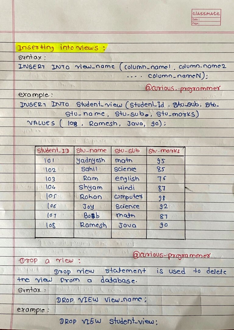 SQL Views Handwritten Notes PDF – Connect 4 Programming